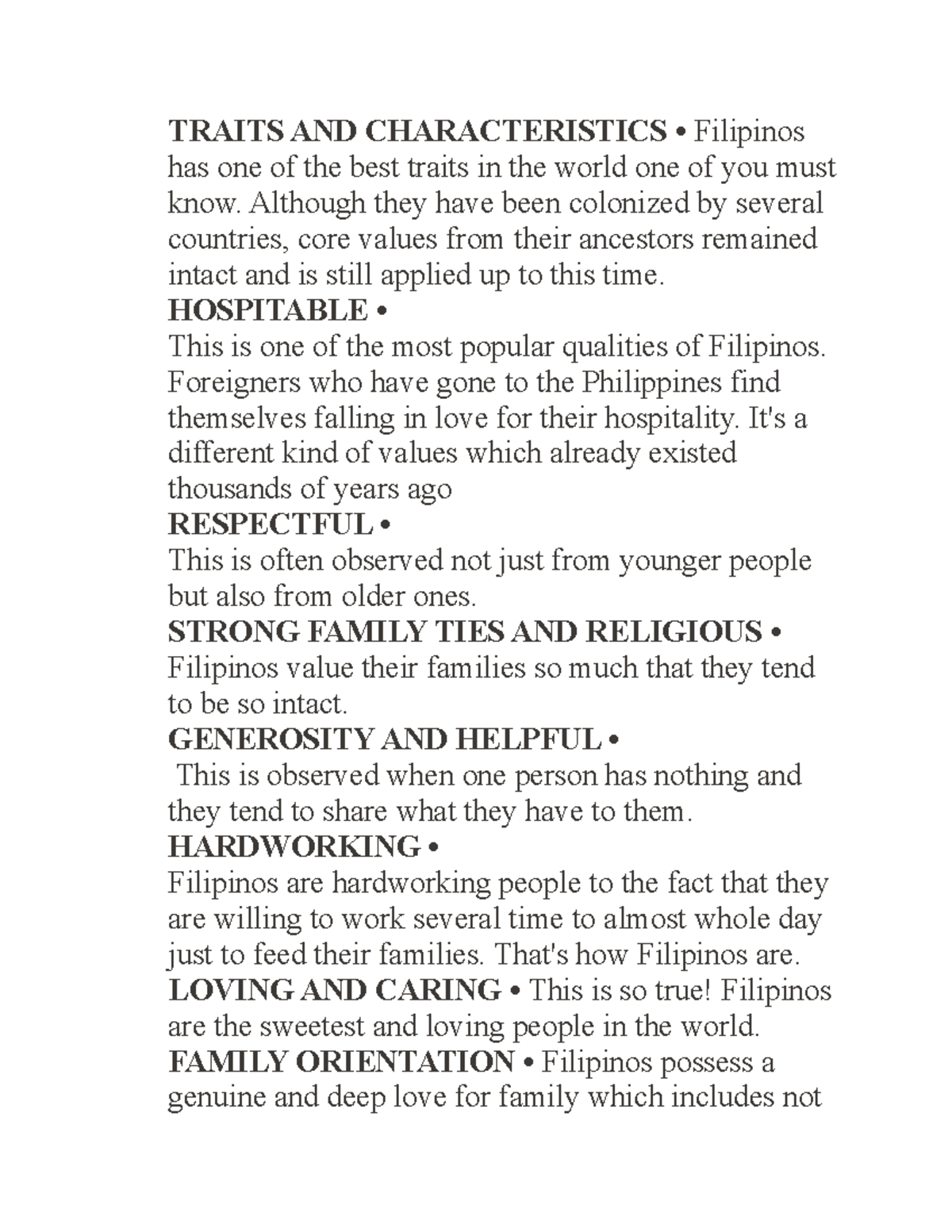 TRAITS AND CHARACTERISTICS OF FILIPINO - TRAITS AND CHARACTERISTICS ...