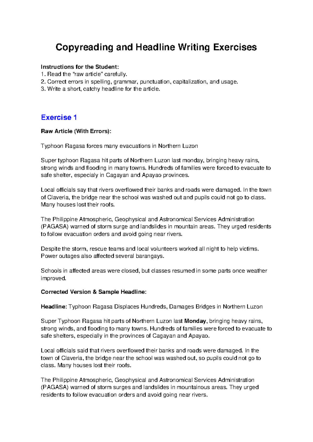 Copyreading and Headline Writing Exercises (ENG 101) - Studocu