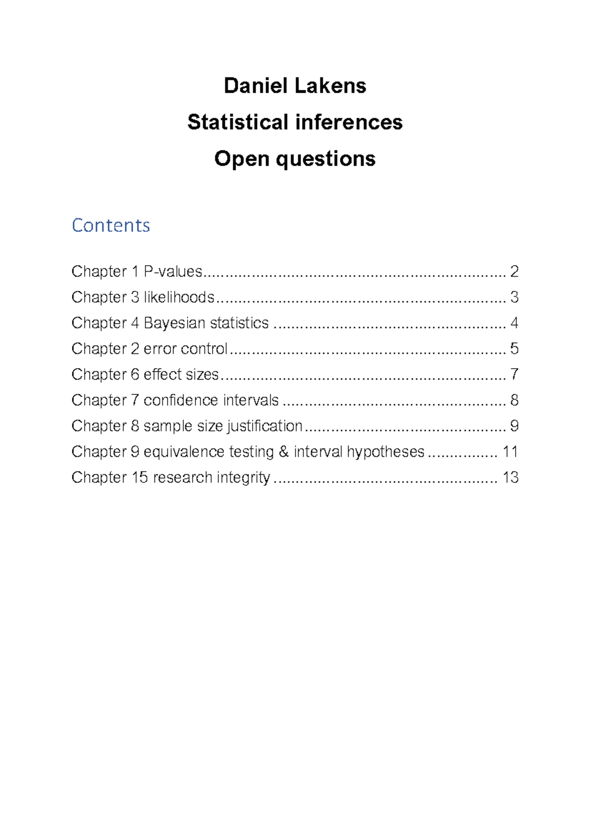 DL openvragen, antwoorden - Daniel Lakens Statistical inferences Open questions Contents Chapter ...