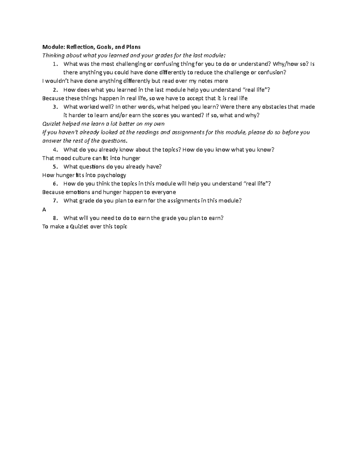Module- Reflection on Learning, Goals & Plans for Improvement - Studocu