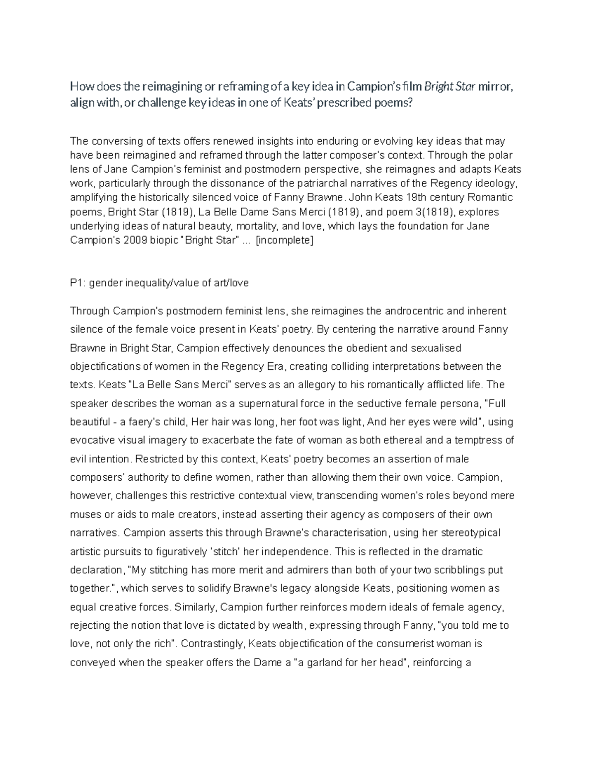 Intro Keats & Bright Star Essay - How does the reimagining or reframing ...