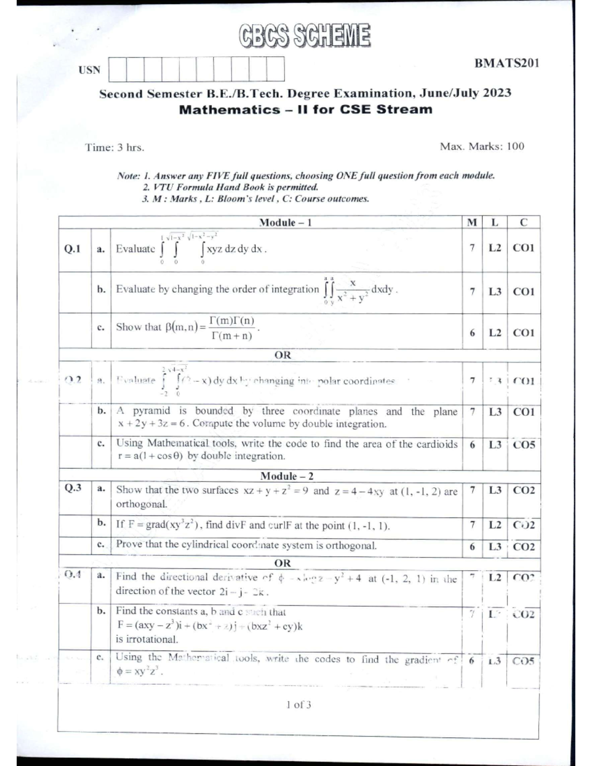 BMATS201 Second Sem Mathematics II QP June 2023 - CSE Stream - Studocu