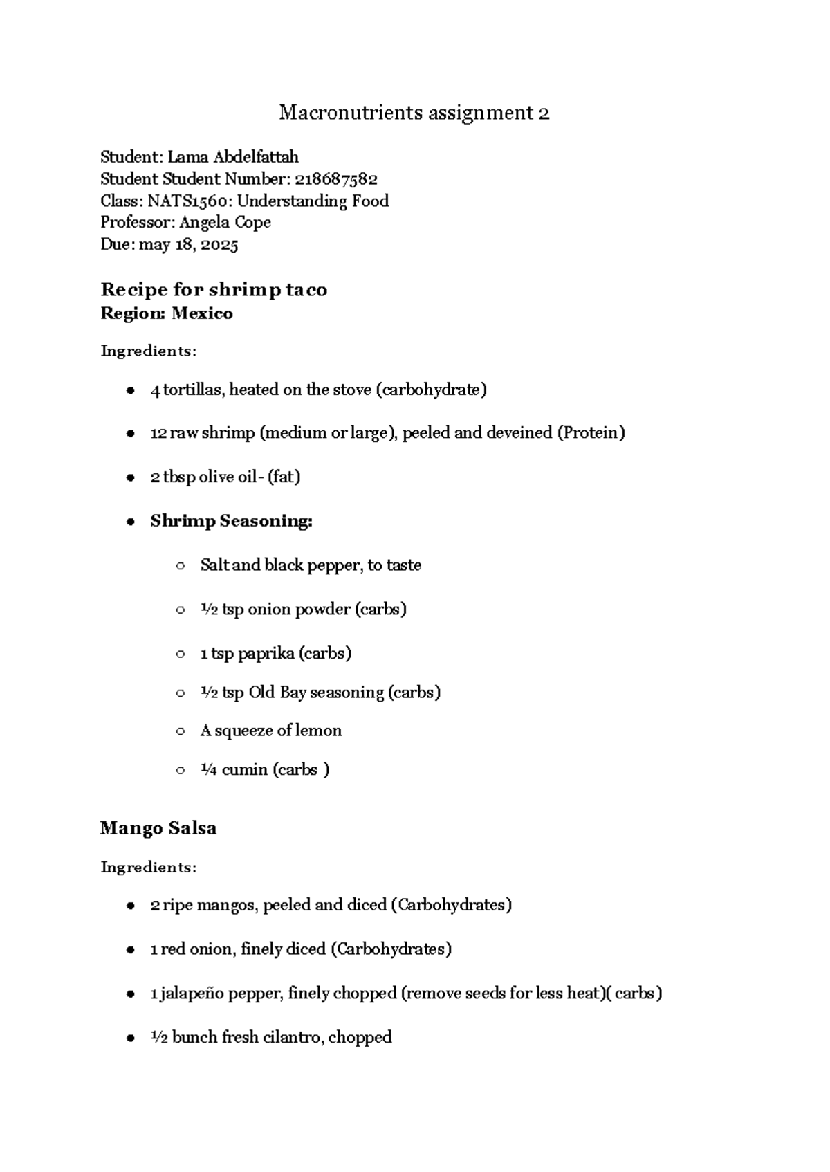 NATS1560: Macronutrients Assignment 2 - Shrimp Taco Recipe Analysis ...