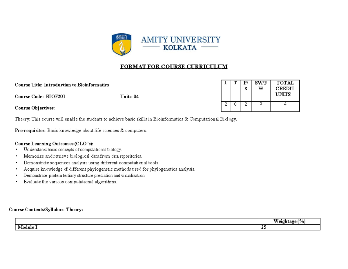BIOF201: Introduction to Bioinformatics - Course Syllabus - Studocu
