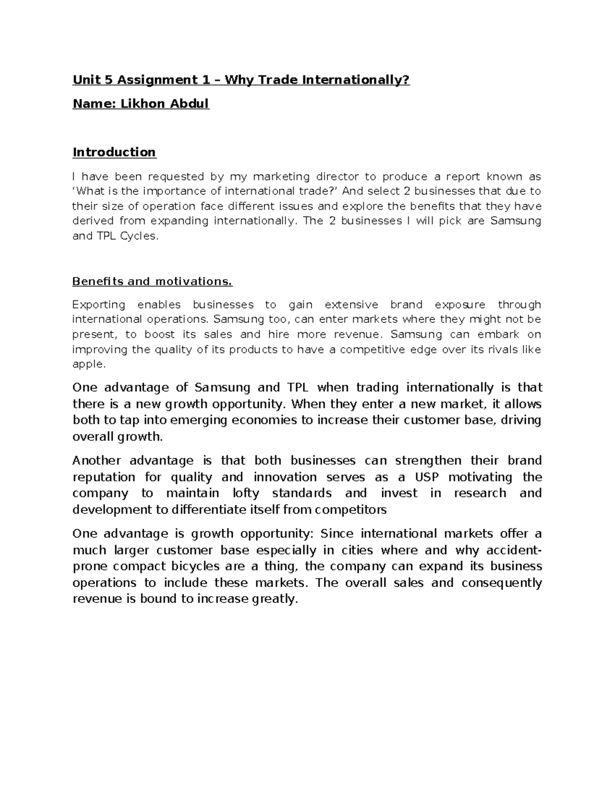 Unit 5 Assignment 1: Analyzing International Trade Benefits and ...