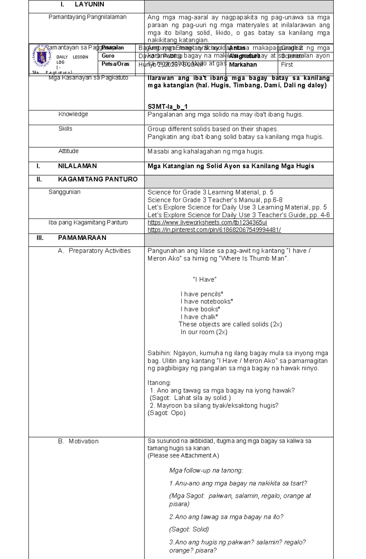 Science Lesson Plan for Grade 3: Understanding Solids by David Publico ...
