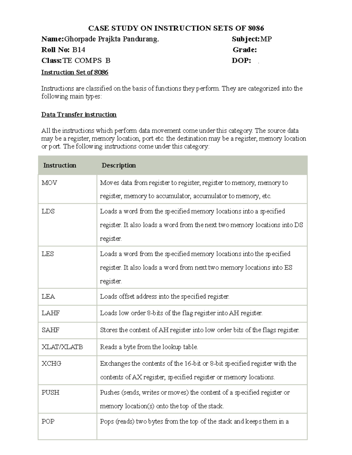 Case Study on 8086 Instruction Set for MP Class TE COMPS B - Studocu