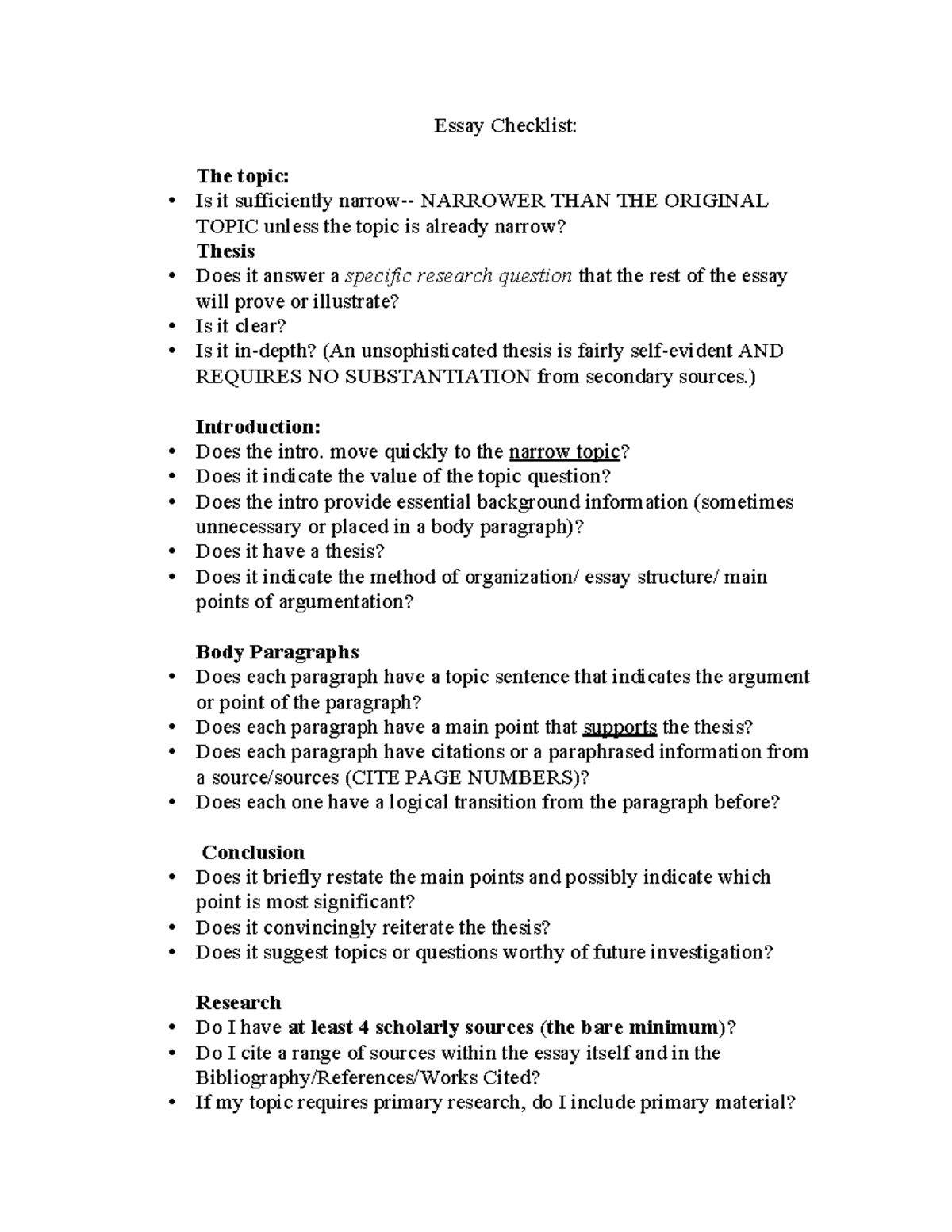Essay Checklist: Evaluating Thesis and Structure for Clarity - Studocu