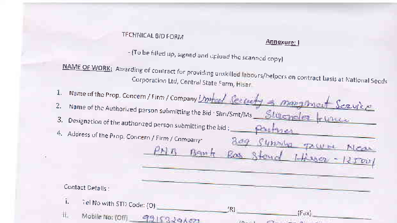 TECHNICAL BID FORM for Contract Award - NSC Hisar - Studocu