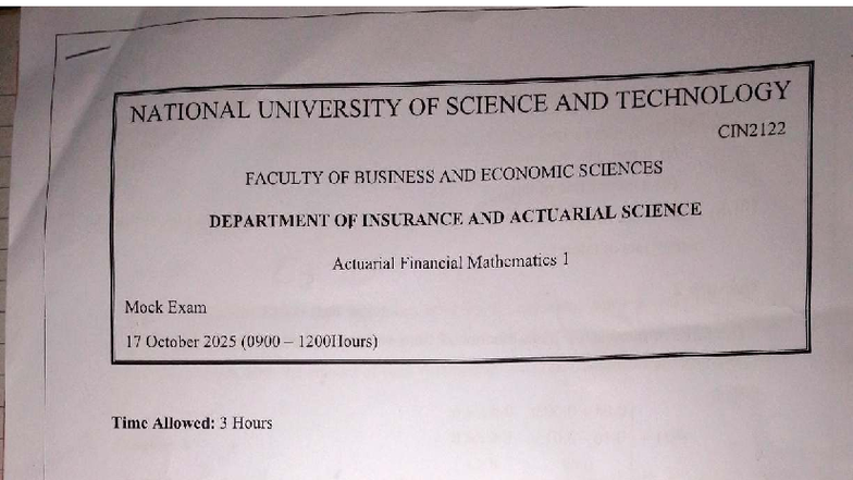 Actuarial Financial Mathematics 1 Mock Exam CIN2122 - Oct 2025 - Studocu