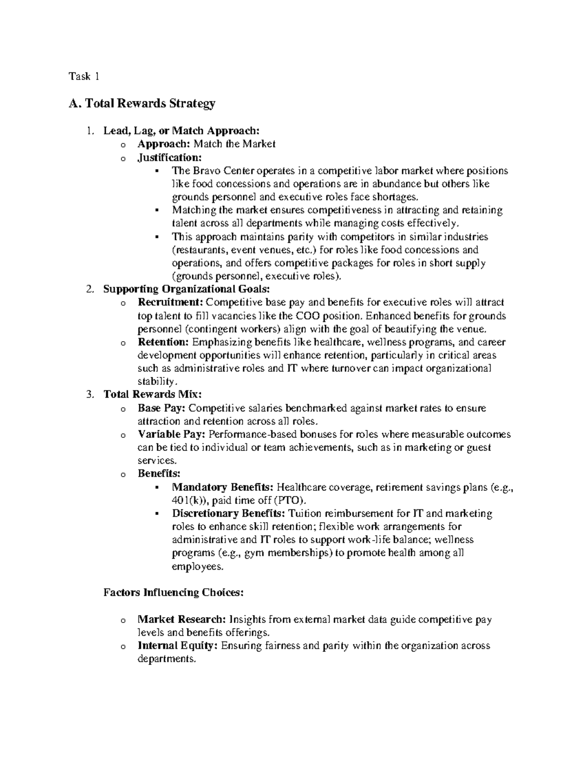 Task 1 A. Total Rewards Strategy: Competitive Pay & Benefits Analysis ...
