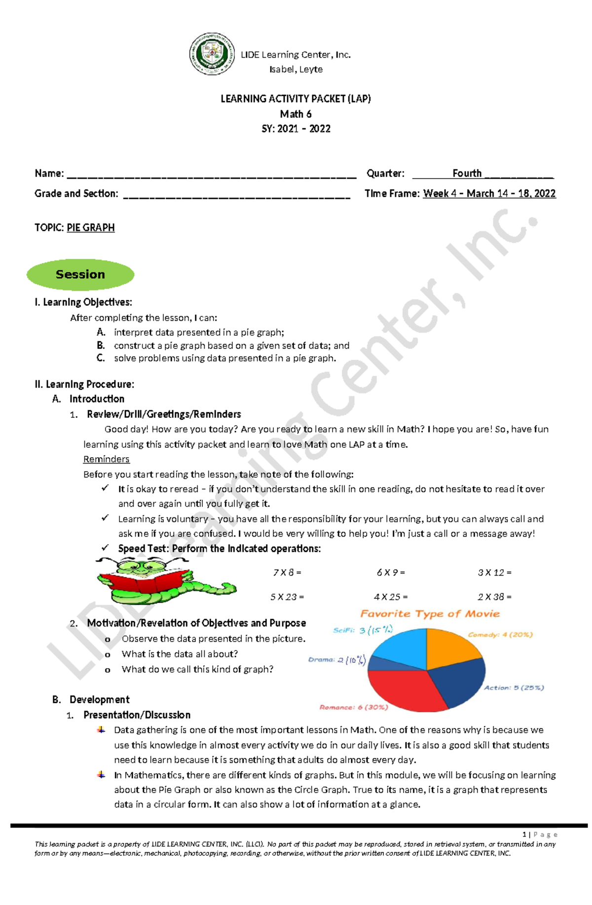 Grade 6 Math Fourth Quarter: Pie Graphs - Session 1 LIDE Learning ...