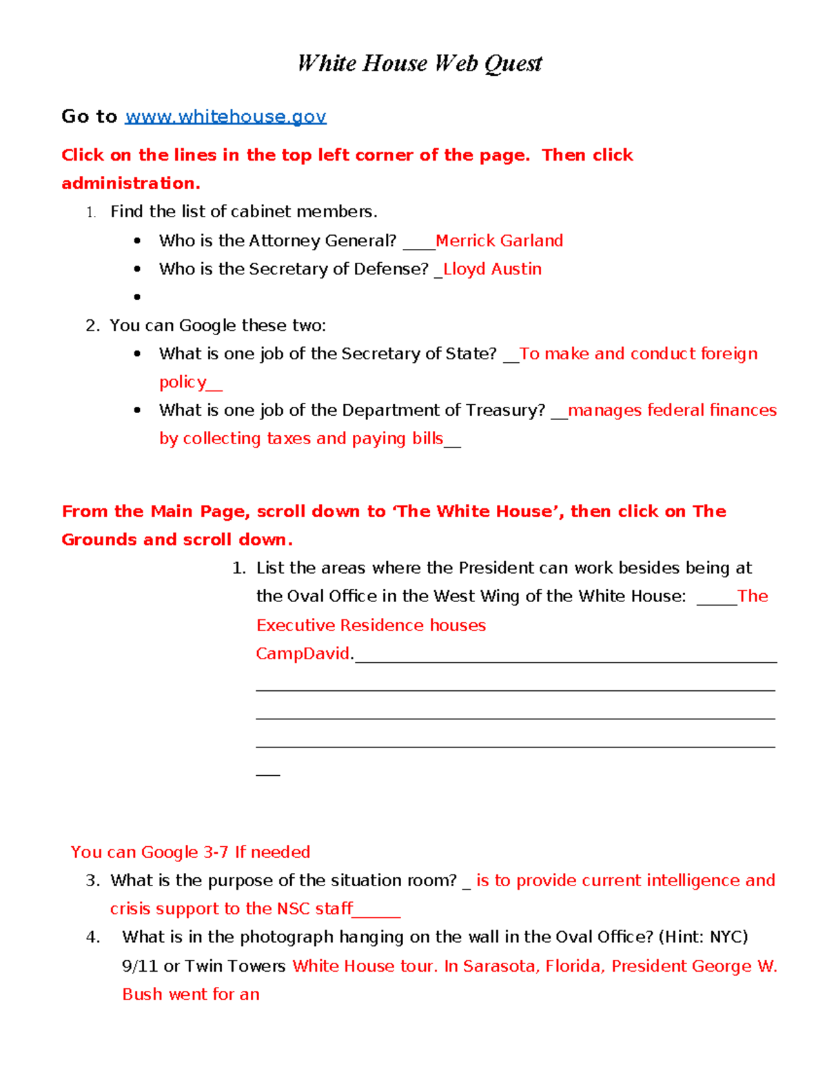 Civics Washington DC White House Web Quest-2 - White House Web Quest Go ...