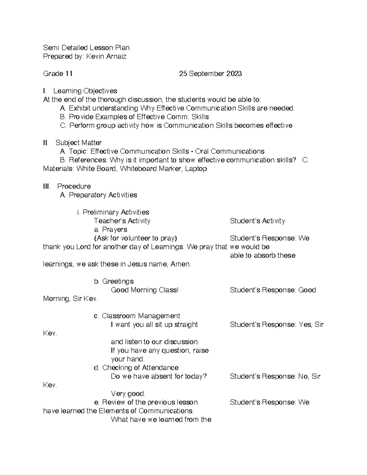 Grade 11 Lesson Plan: Effective Communication Skills Overview - Studocu