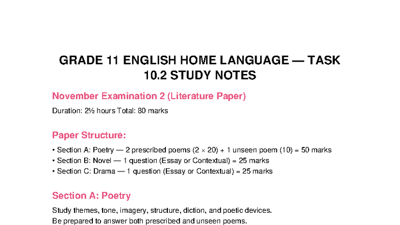 Grade 11 English HL Task 10.2 Study Notes for Nov Exam (Lit Paper ...