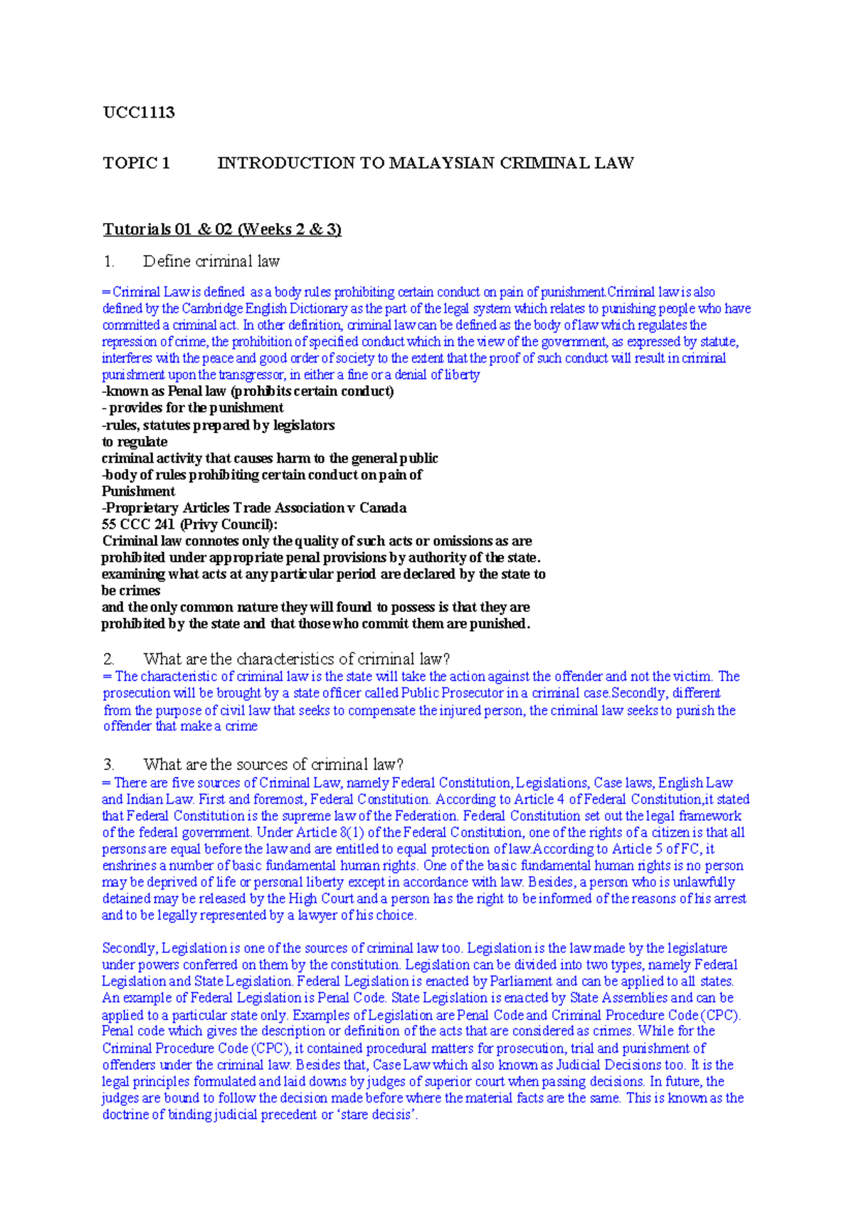 Topic 1: Intro to Malaysian Criminal Law - Tutorials 01 & 02 (Weeks 2-3 ...