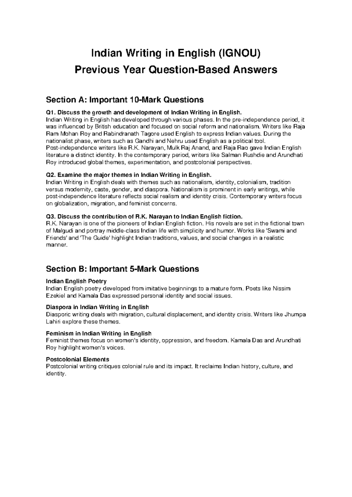Indian Writing in English (IGNOU) PYQ Answers: Key Themes ...