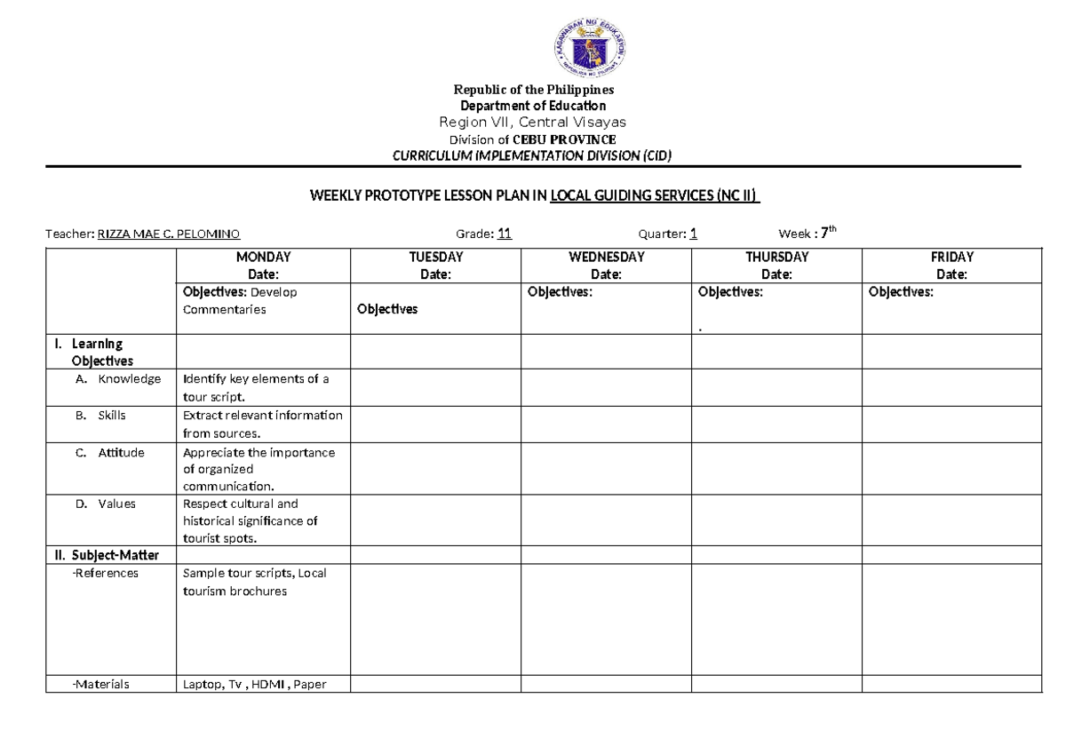 Weekly Prototype Lesson Plan in Local Tour Guiding (NC II) - Studocu