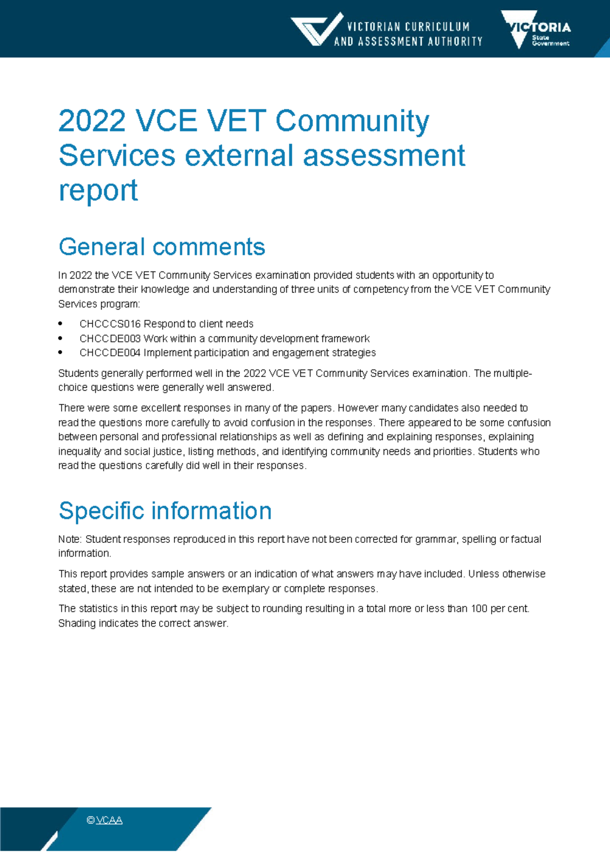 2022 VCE VET Community Services External Assessment Report Insights ...