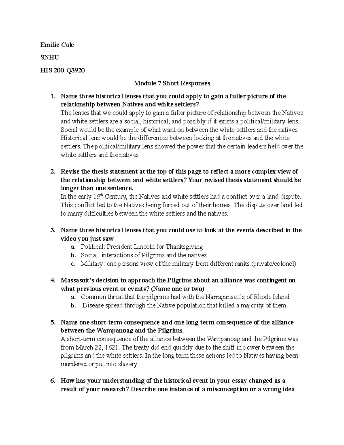HIS 200 Module 7 Short Answer Responses on Native-Settler Relations ...