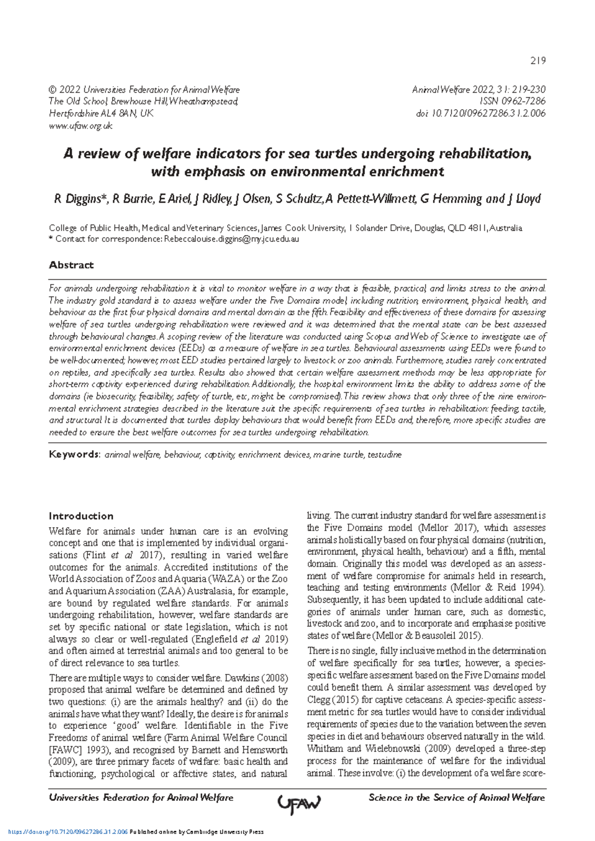A Review of Welfare Indicators for Sea Turtles in Rehab (219) - Studocu