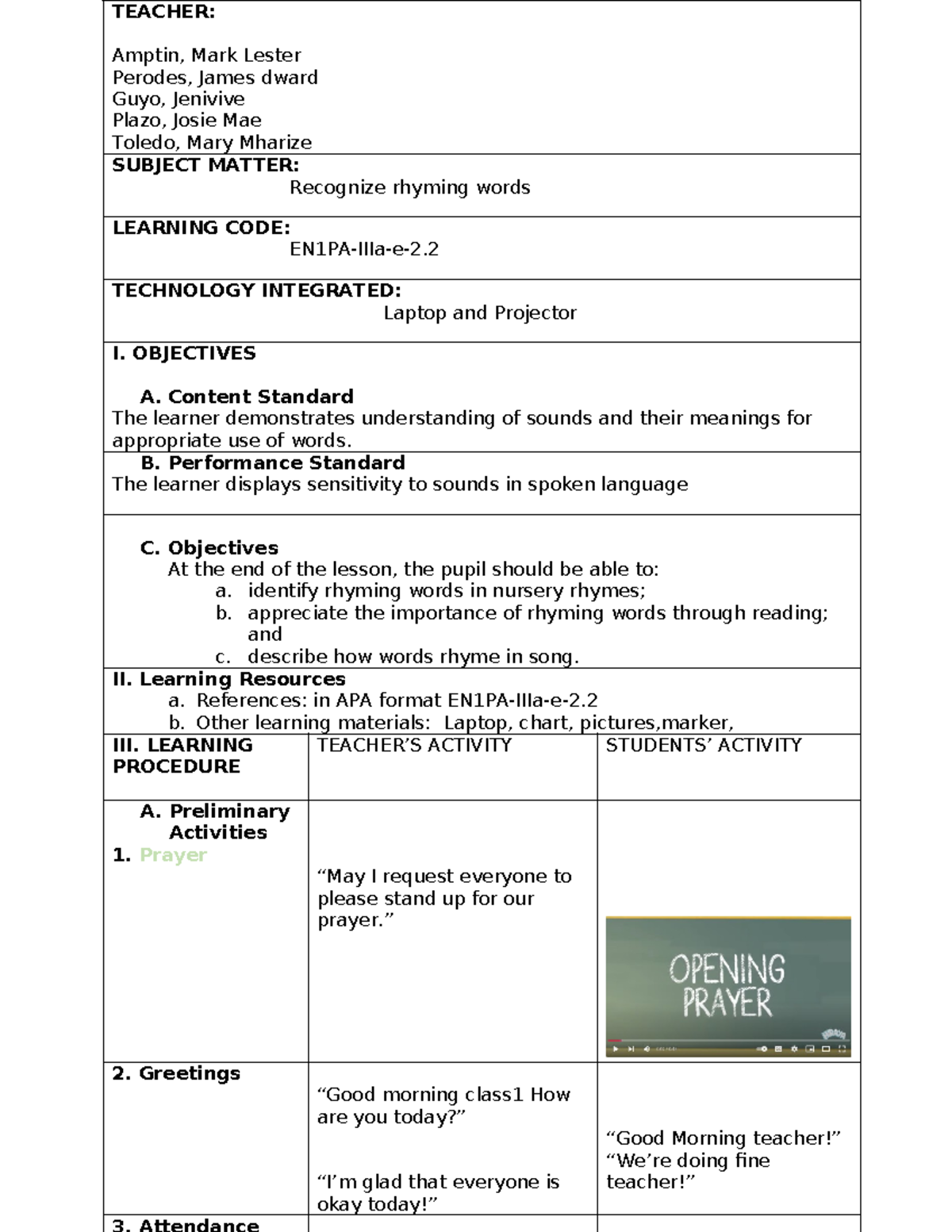 4As- Detailed Lesson Plan on Recognizing Rhyming Words - EN1PA-IIIa-e-2 ...