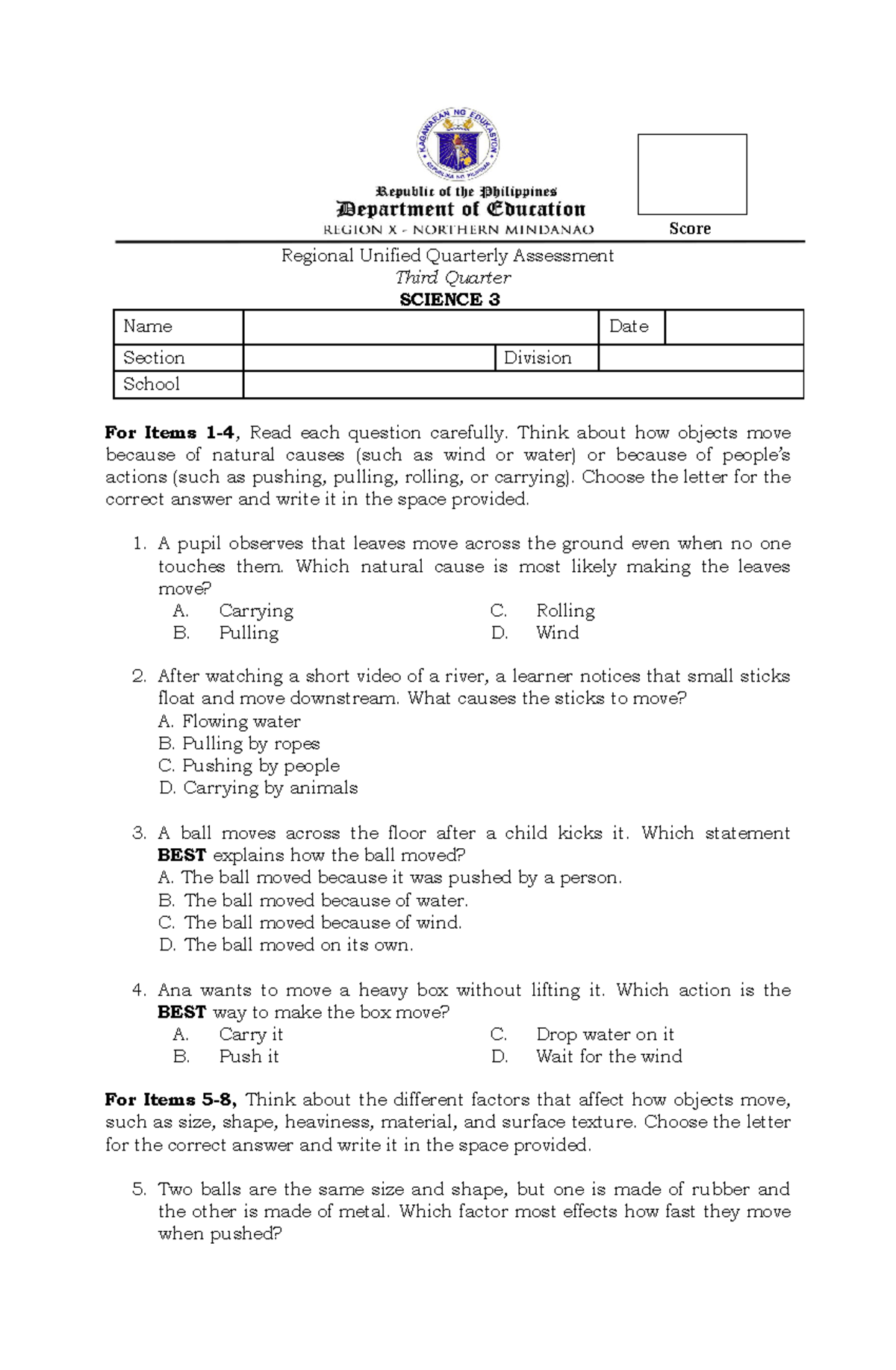 Science 3 - 3rd Quarter Final RUQA: 30 Item Assessment - Studocu