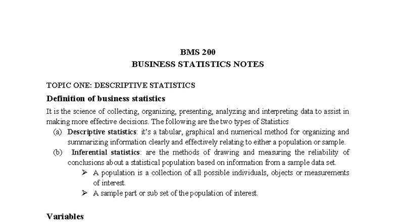 BMS 200 Business Statistics Notes: Descriptive Statistics Overview ...