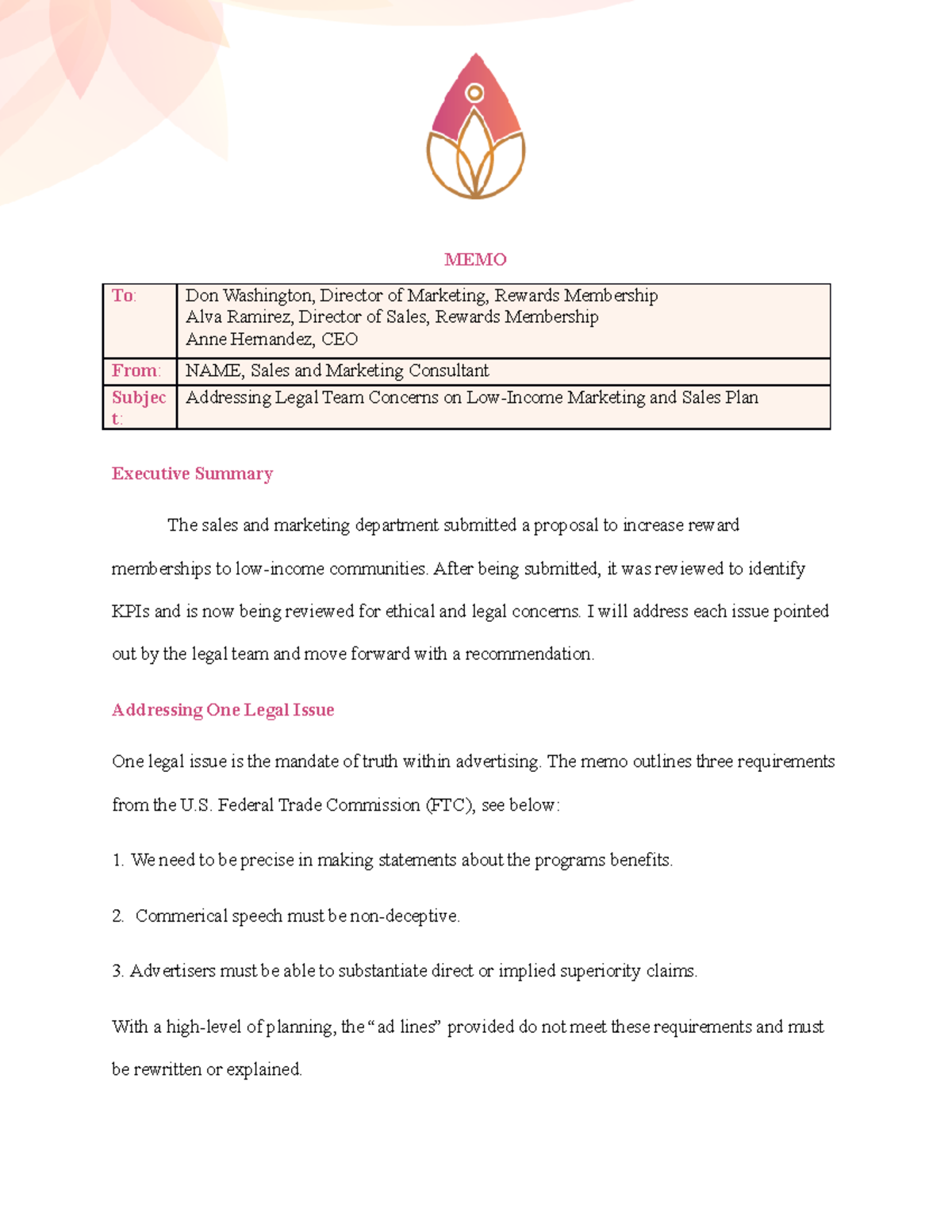 MBA 500 Project Three Milestone Response Memo Template 1 - MEMO To: Don ...