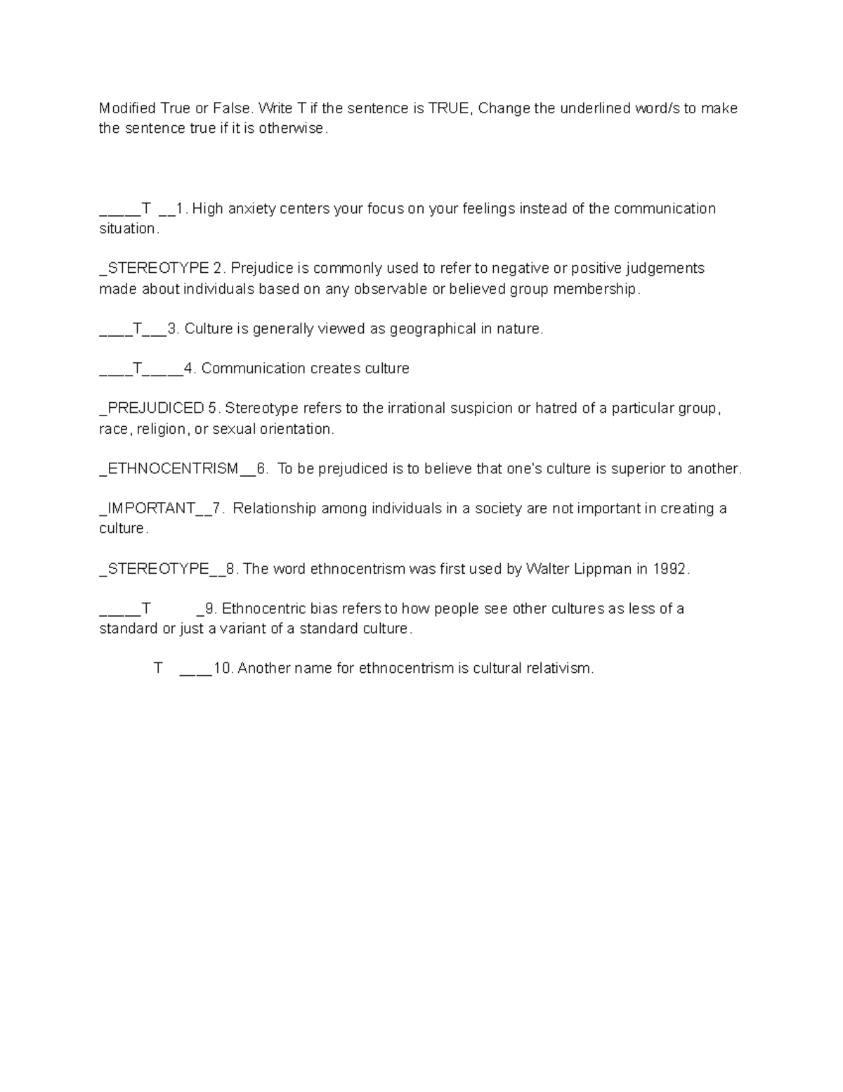 UNIT 3 ACT 2 - Lesson 3 - Modified True or False. Write T if the sentence is TRUE, Change the ...