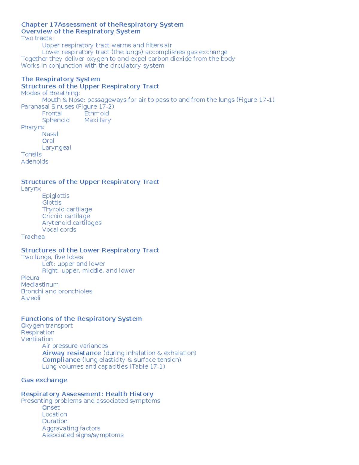 Chapter 17 - LECTURE NOTES - Chapter 17Assessment of theRespiratory ...