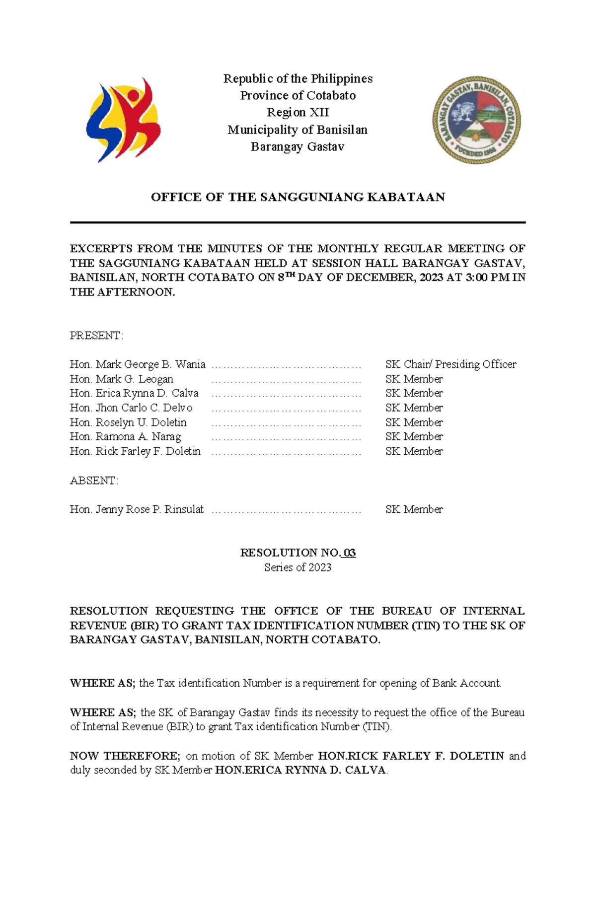 Resolution No. 03 - Request for TIN for SK Barangay Gastav, 2023 - Studocu