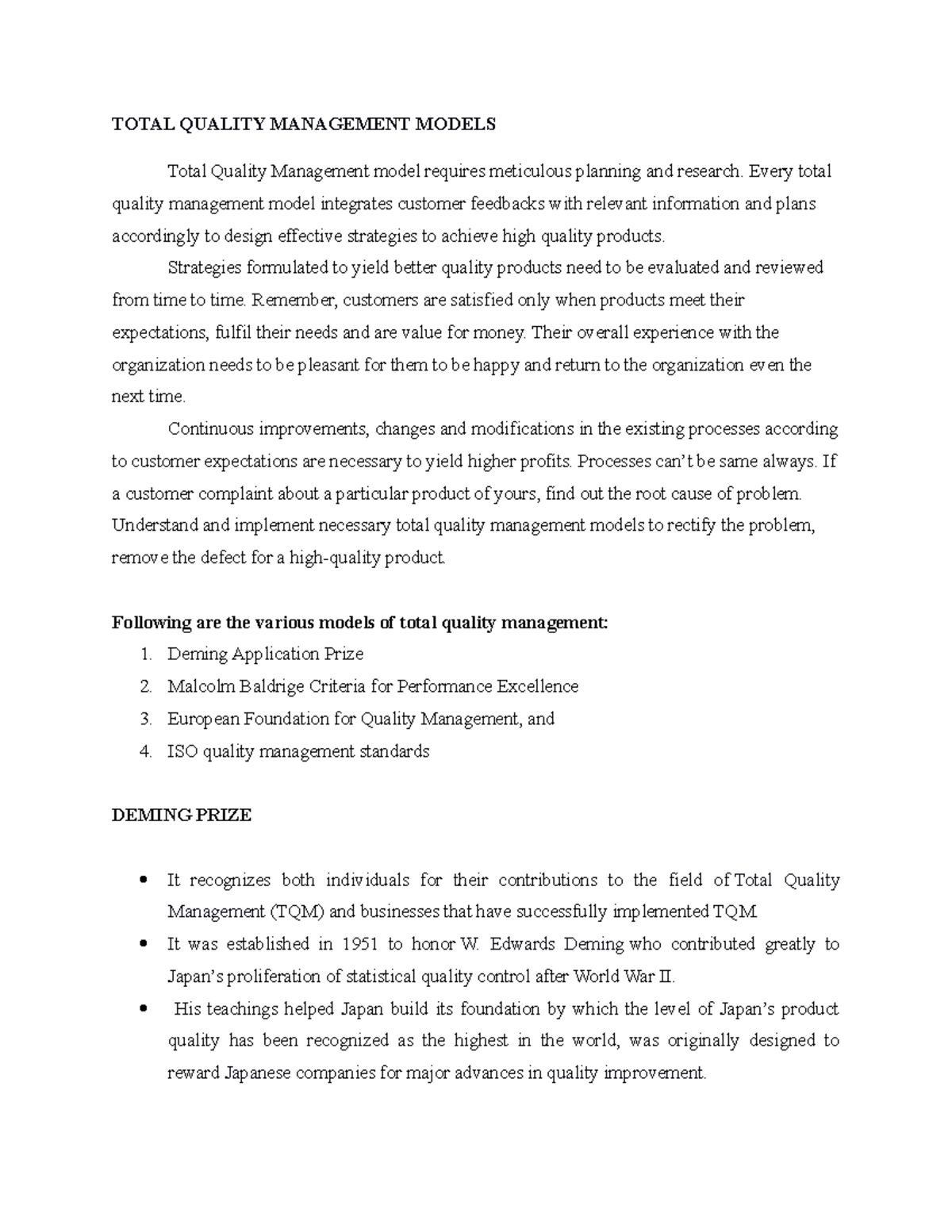 Total Quality Management Models Overview and Analysis - Studocu