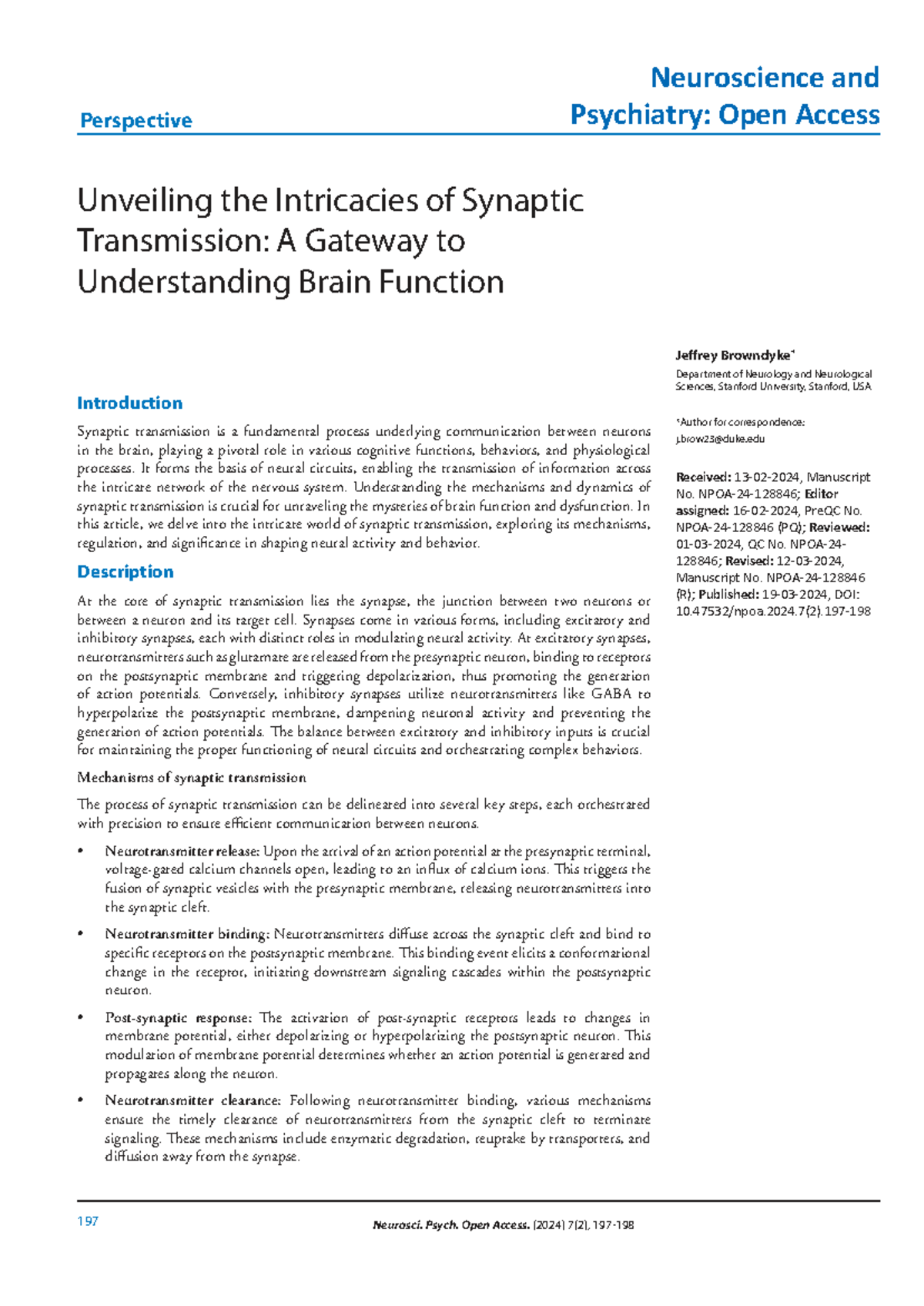 Neuroscience & Psychiatry 197: Understanding Synaptic Transmission ...
