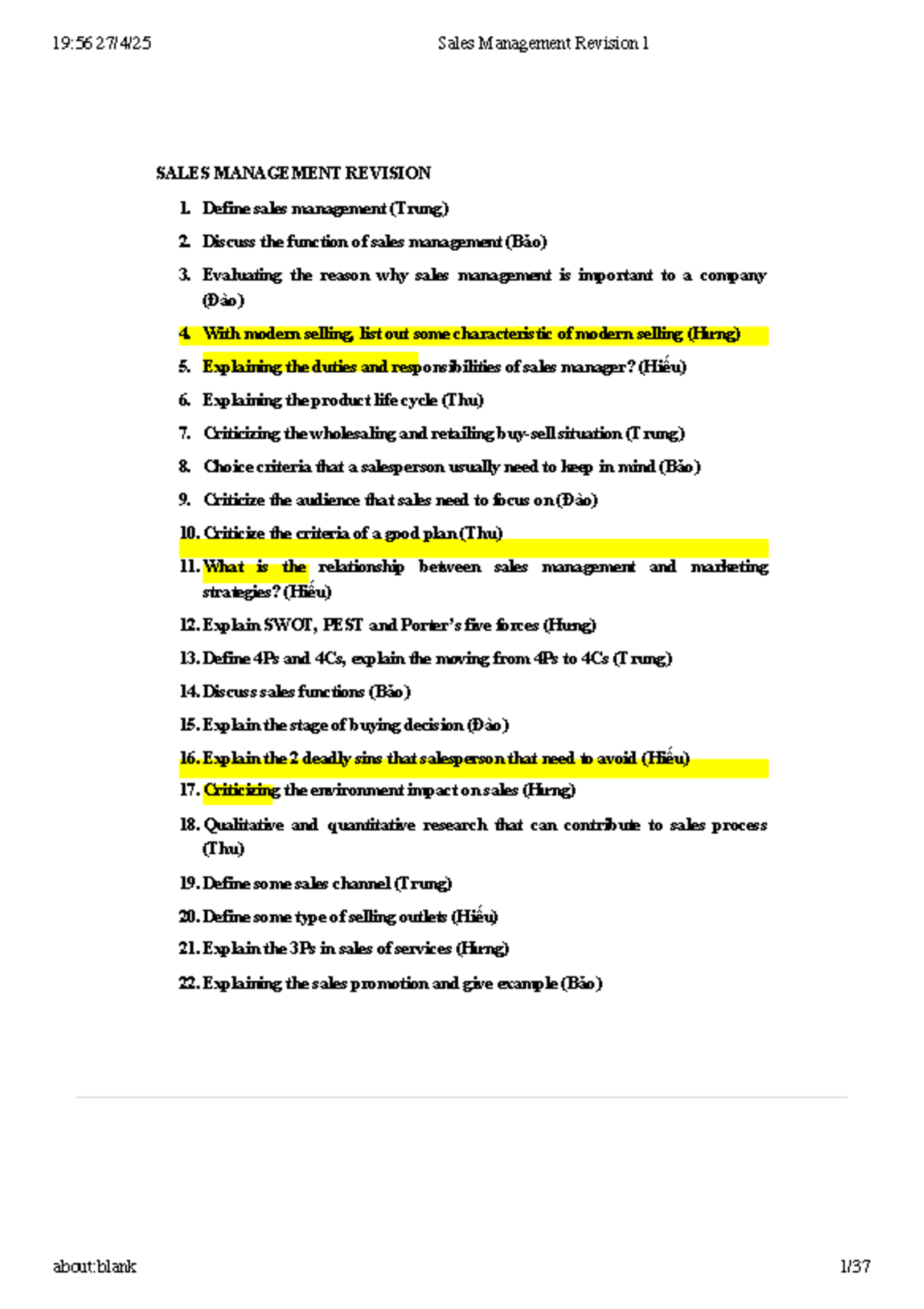 Sales Management Revision 1: Key Concepts and Functions - Studocu