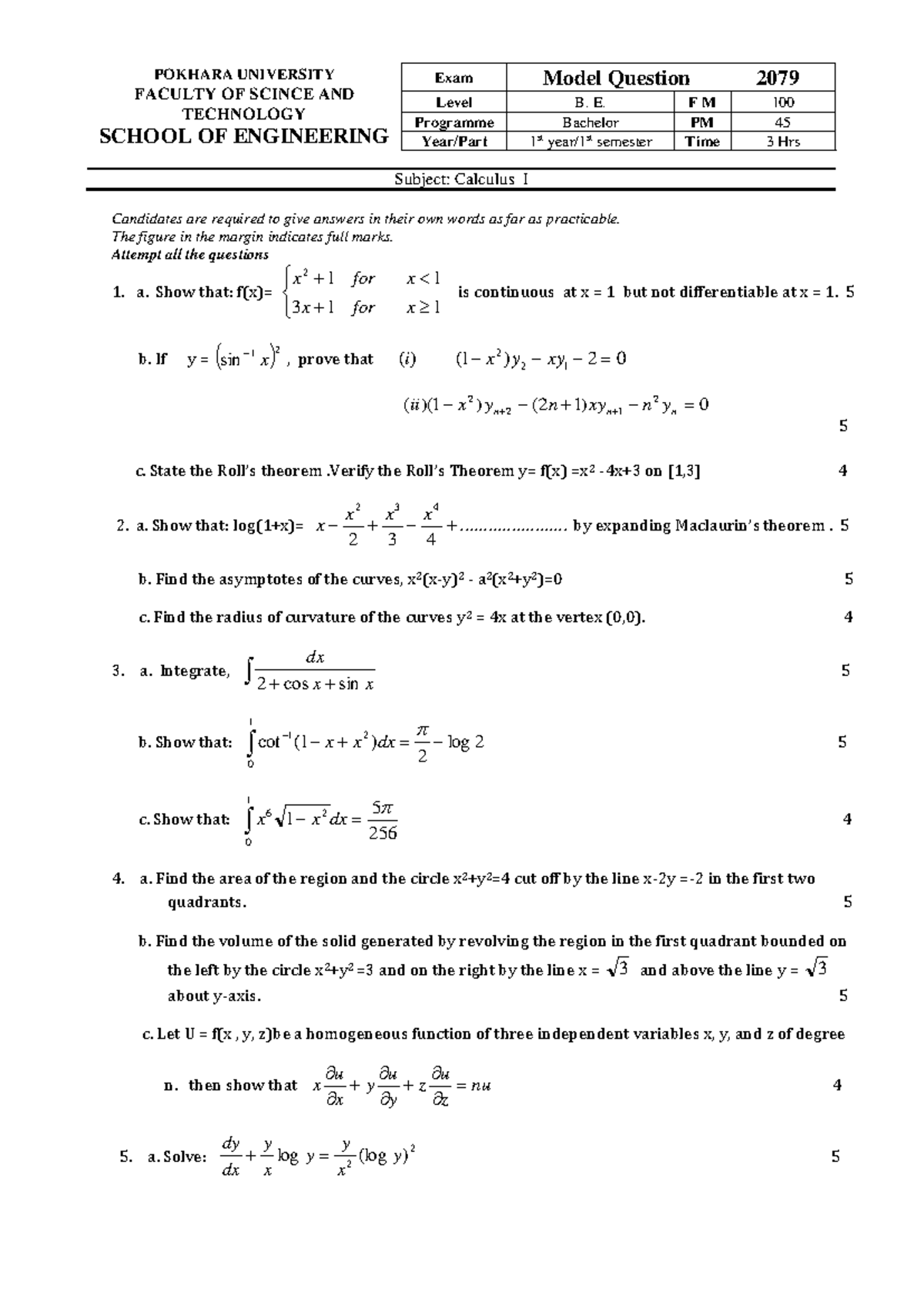Model Question for Calculus I (230402, 215253) - B.E. 1st Semester ...