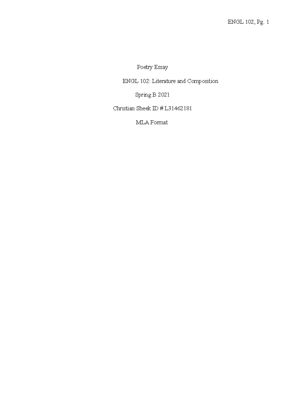 Poetry Essay Final Draft - Poetry Essay ENGL 102: Literature and ...