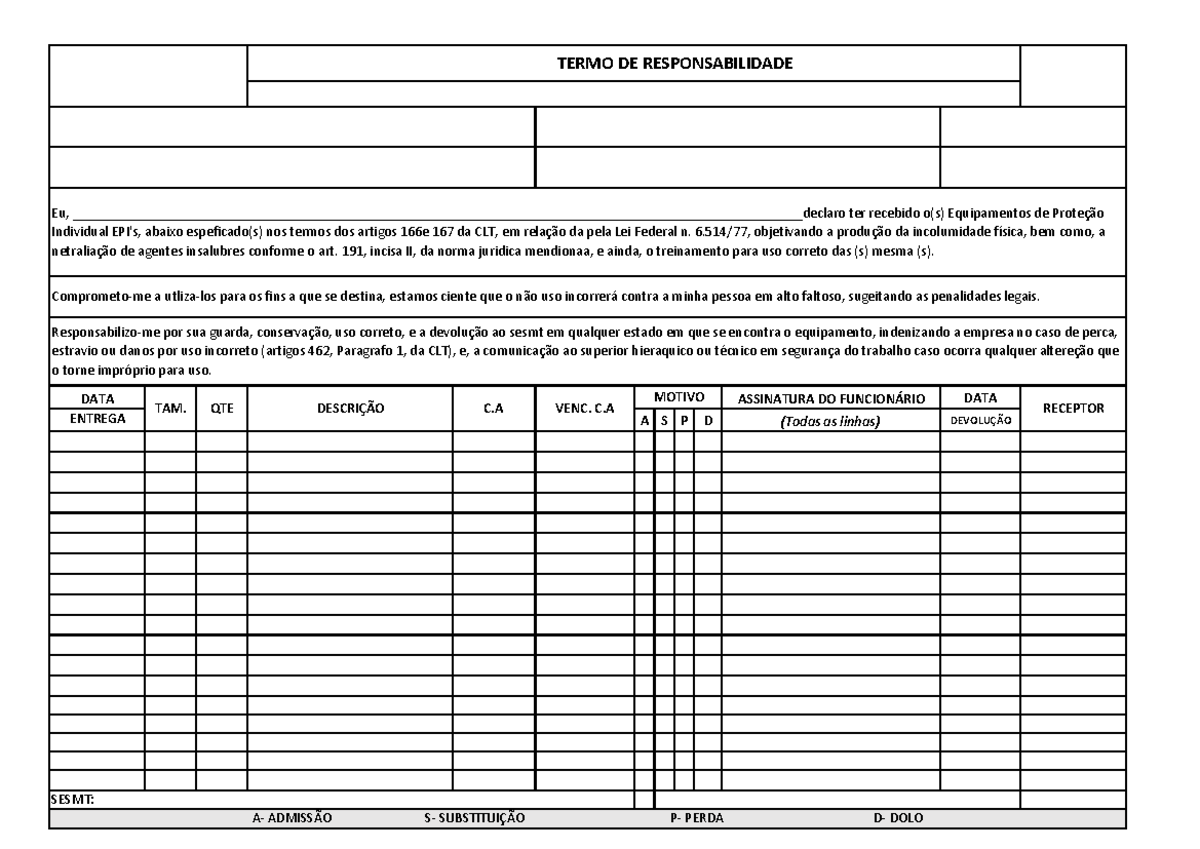 Modelo de Ficha de EPI - Termo de Responsabilidade e Uso Correto - Studocu