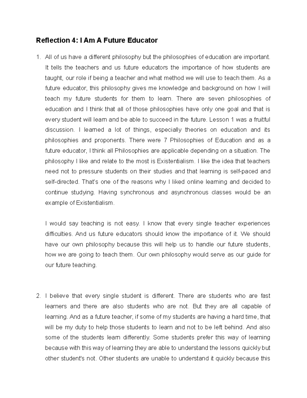 Reflection 4: Embracing My Future Educator Philosophy - Studocu