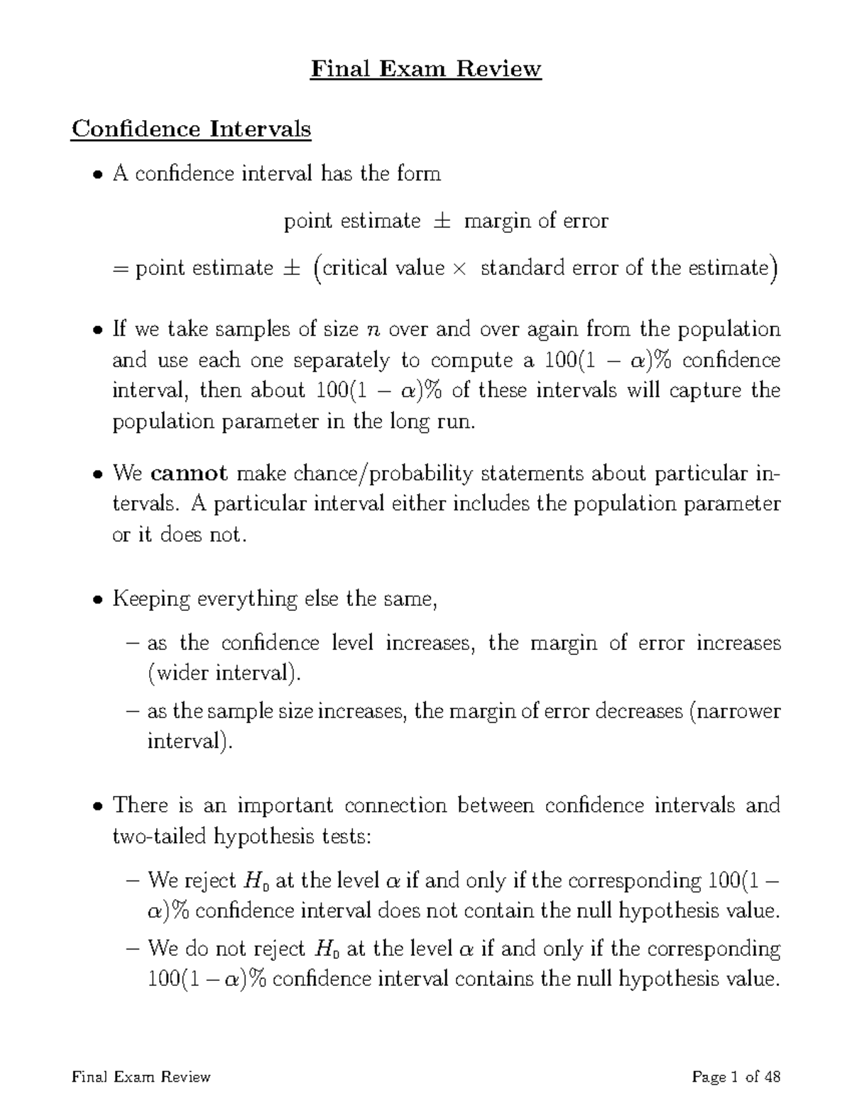 Final Exam Review: Confidence Intervals & Hypothesis Tests - Studocu