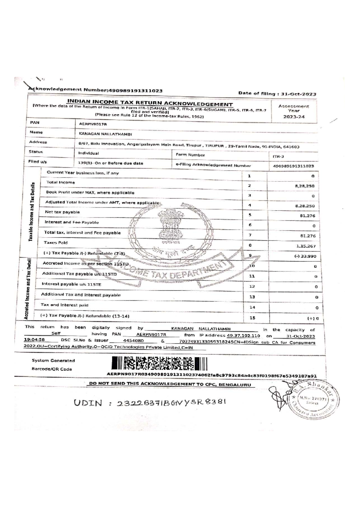 NPK 23-24: Indian Income Tax Return Acknowledgement & Details - Studocu