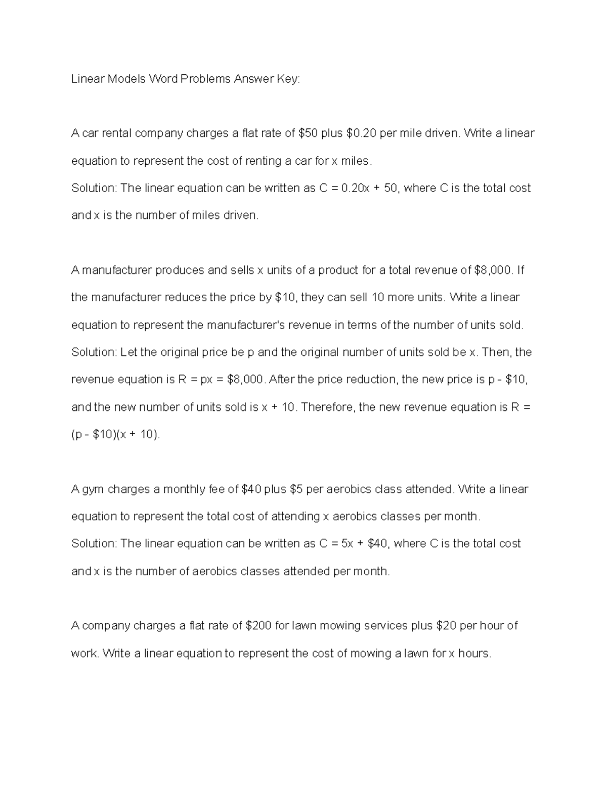 Linear Models Word Problems Answer Key - Write a linear equation to ...