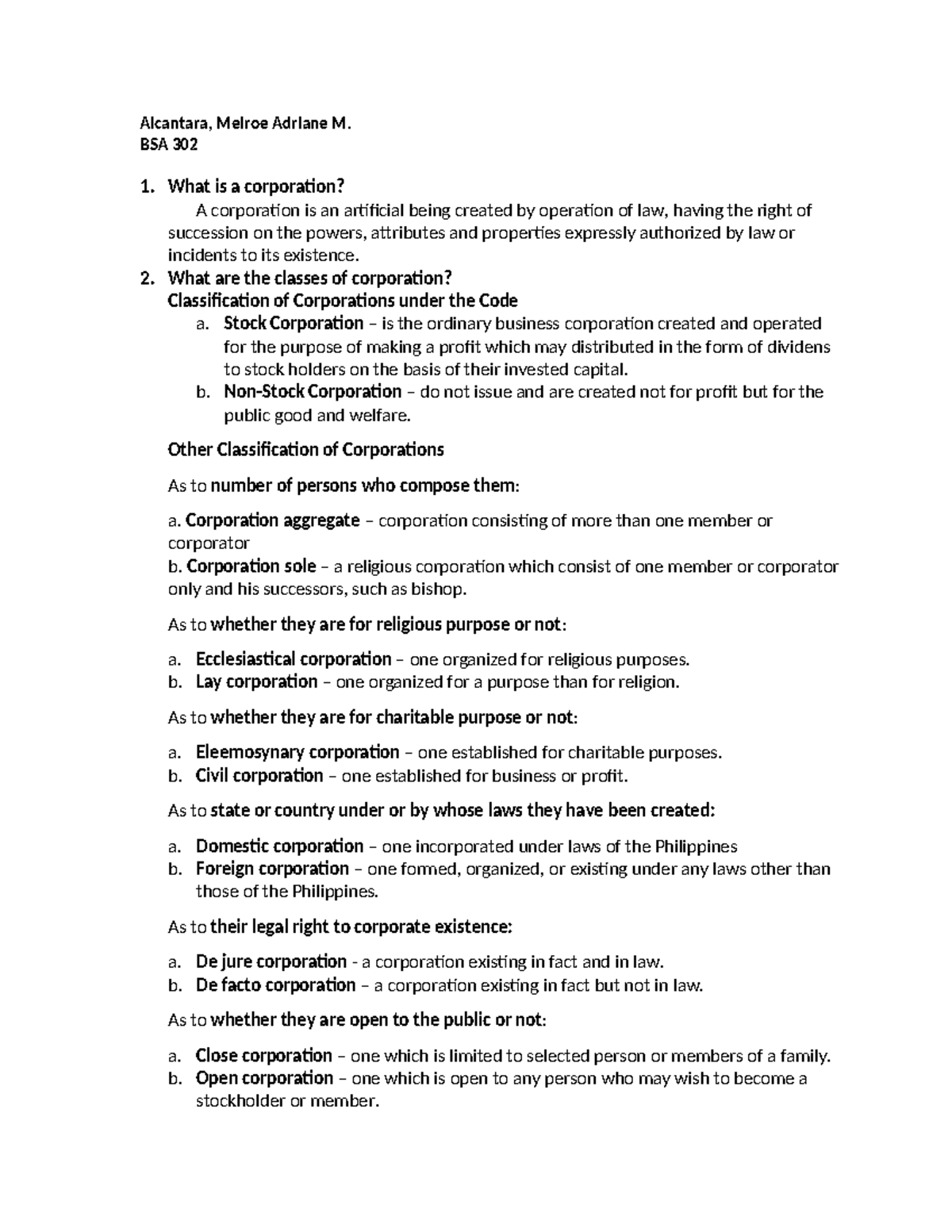 BSA 302: Understanding Corporations - Key Concepts and Classifications - Studocu