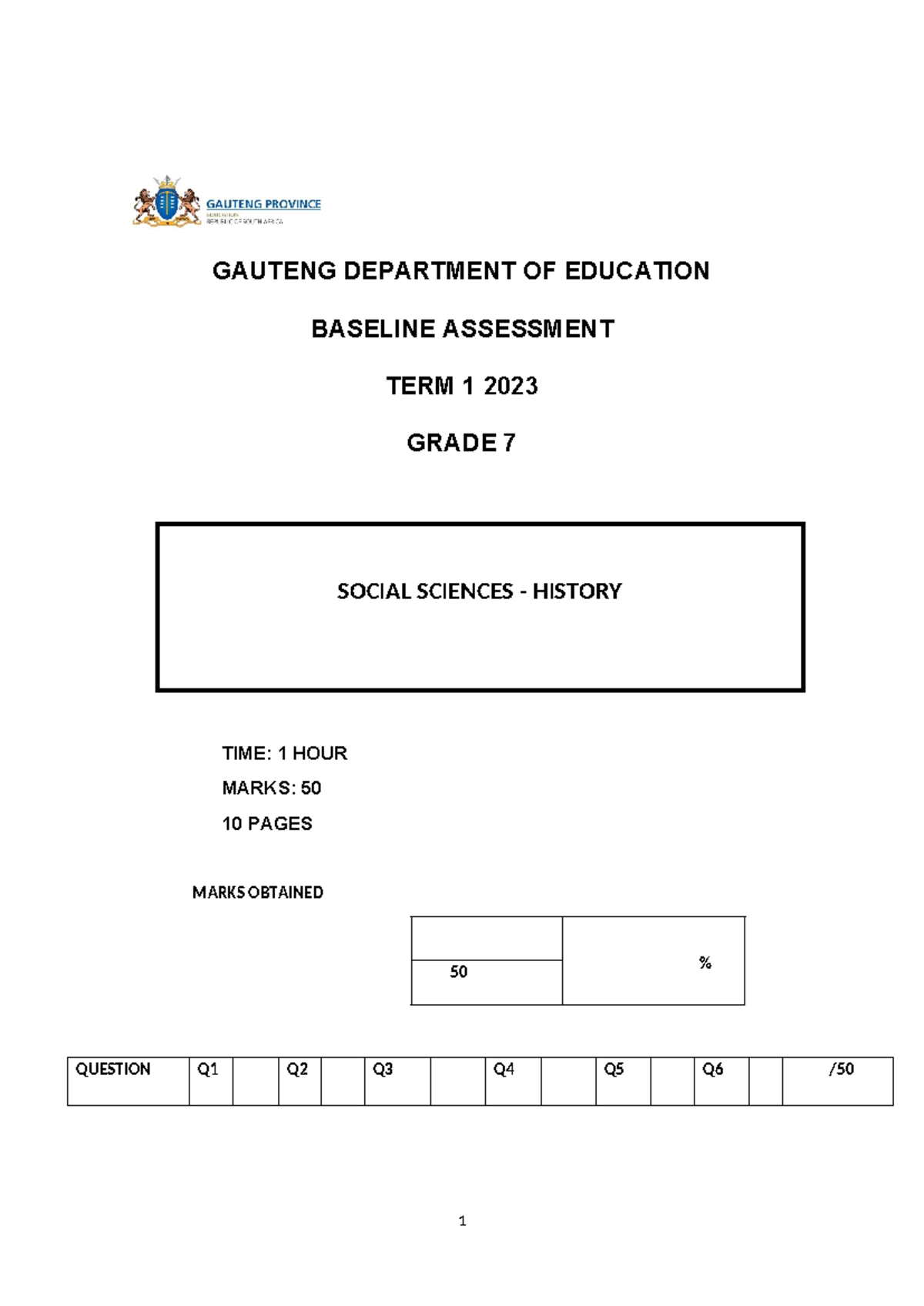 Grade 7 History Baseline Assessment Term 1 2023 (50 Marks) - Studocu