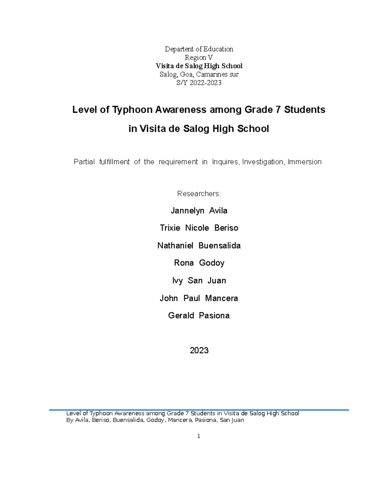 Level of Typhoon Awareness Among Grade 7 Students - S/Y 2022-2023 - Studocu