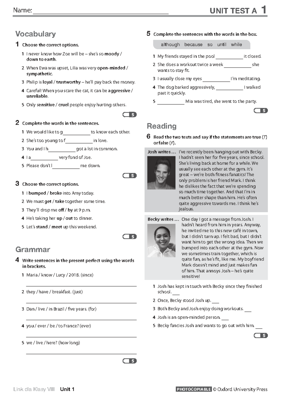 Link L8 U1 Unit Test A - Vocabulary and Grammar Exercises - Studocu