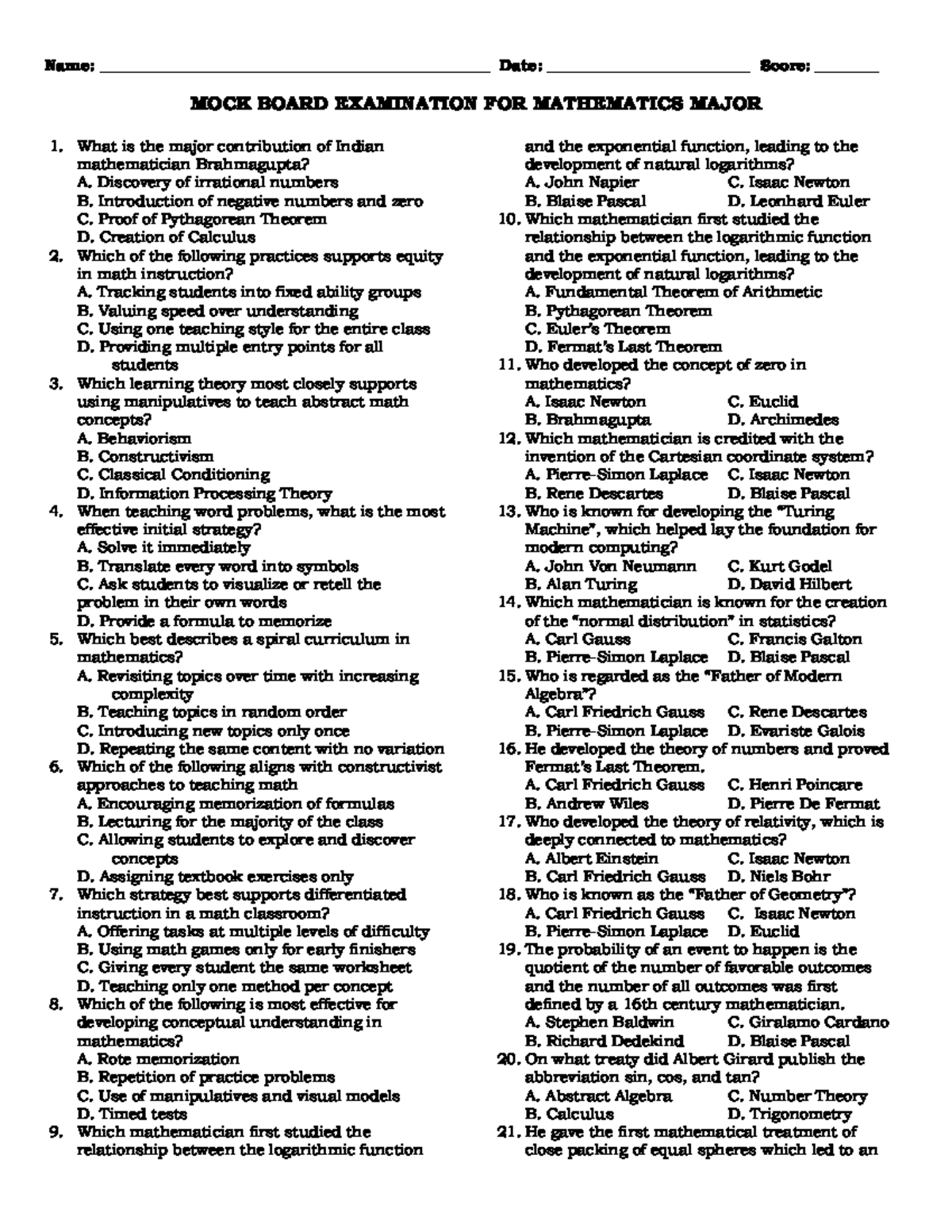 Mock Board Exam for Mathematics Major: Key Concepts and Questions - Studocu