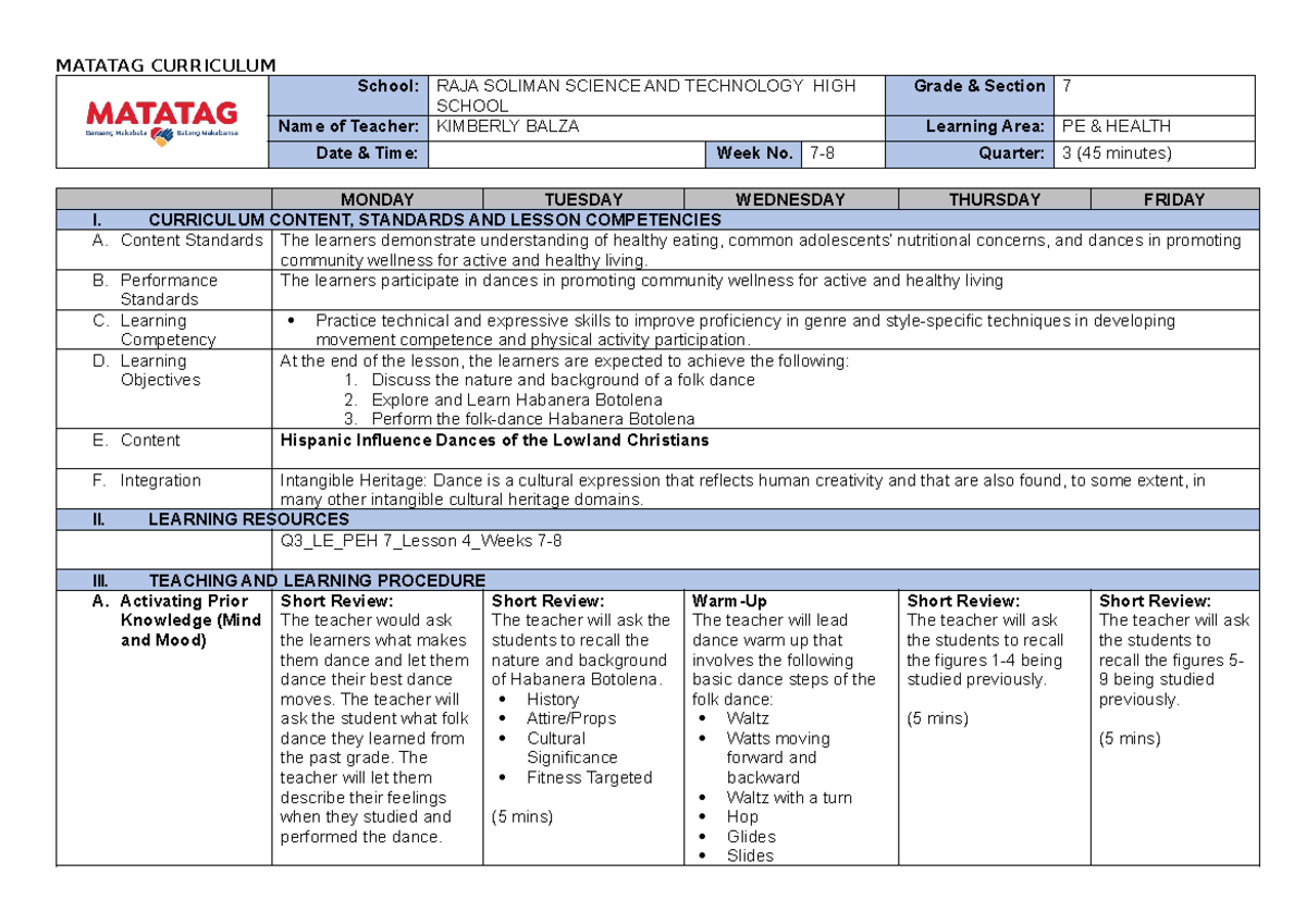 Q3-DLL PE Health 7: Habanera Botolena Dance Lesson Plan - Studocu