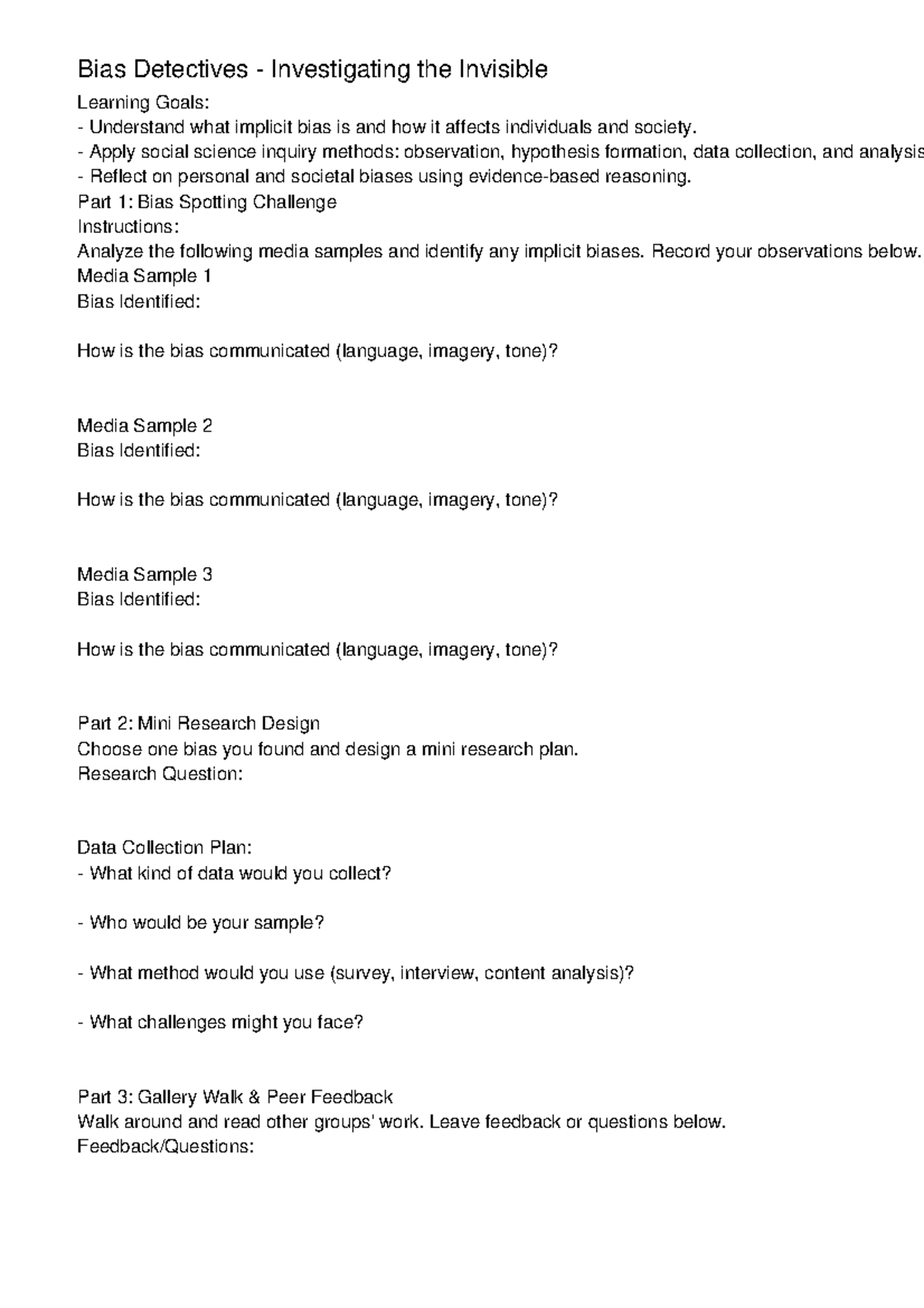 Implicit Bias Activity Worksheet: Investigating Bias in Media - Studocu