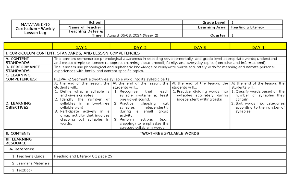 Reading Literacy Lesson Plan for Week 2 - Grade 1 (MATATAG K-) - Studocu